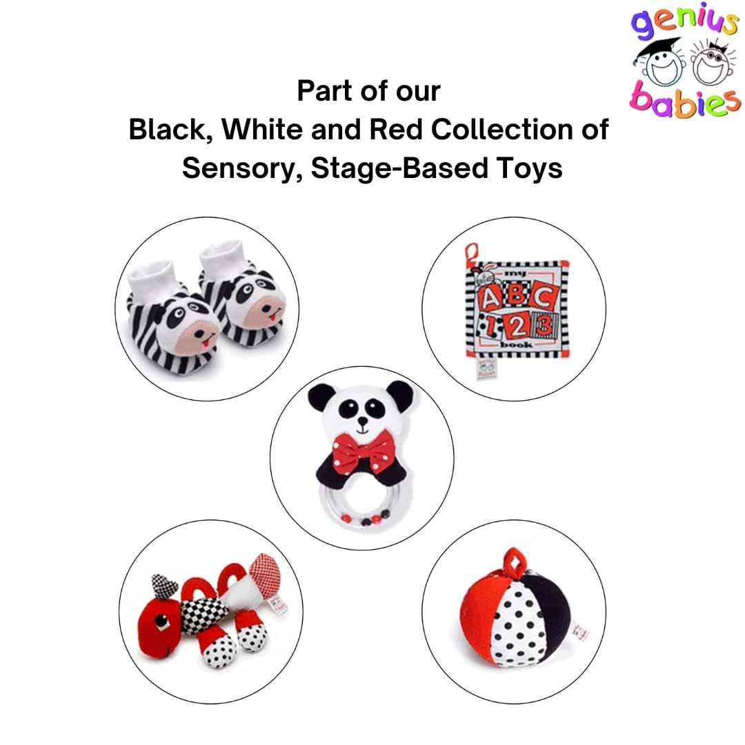 Genius Baby Toys Panda Soft Sensory Toy with Teething Ring for Baby, Attaches to Stroller, 8"