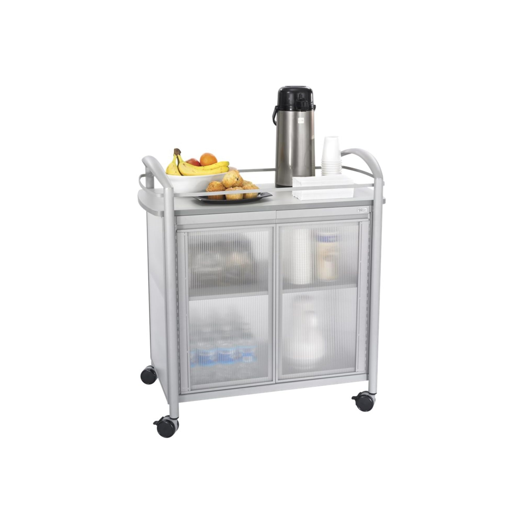 Safco Products Impromptu Refreshment Cart 8966GR, Gray, 200 lbs. Capacity, Double Doors, Swivel Wheels, 36.5" x 34" x 21.3"