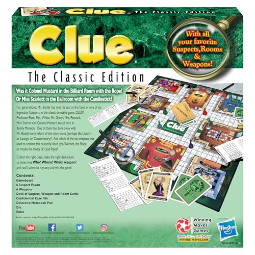 Winning Moves Games Clue Classic with 1949 Card Artwork & Suspects USA, Original Whodunnit Murder Mystery Game with Metal Weapons for 3to 6 Players, Ages 8 and up