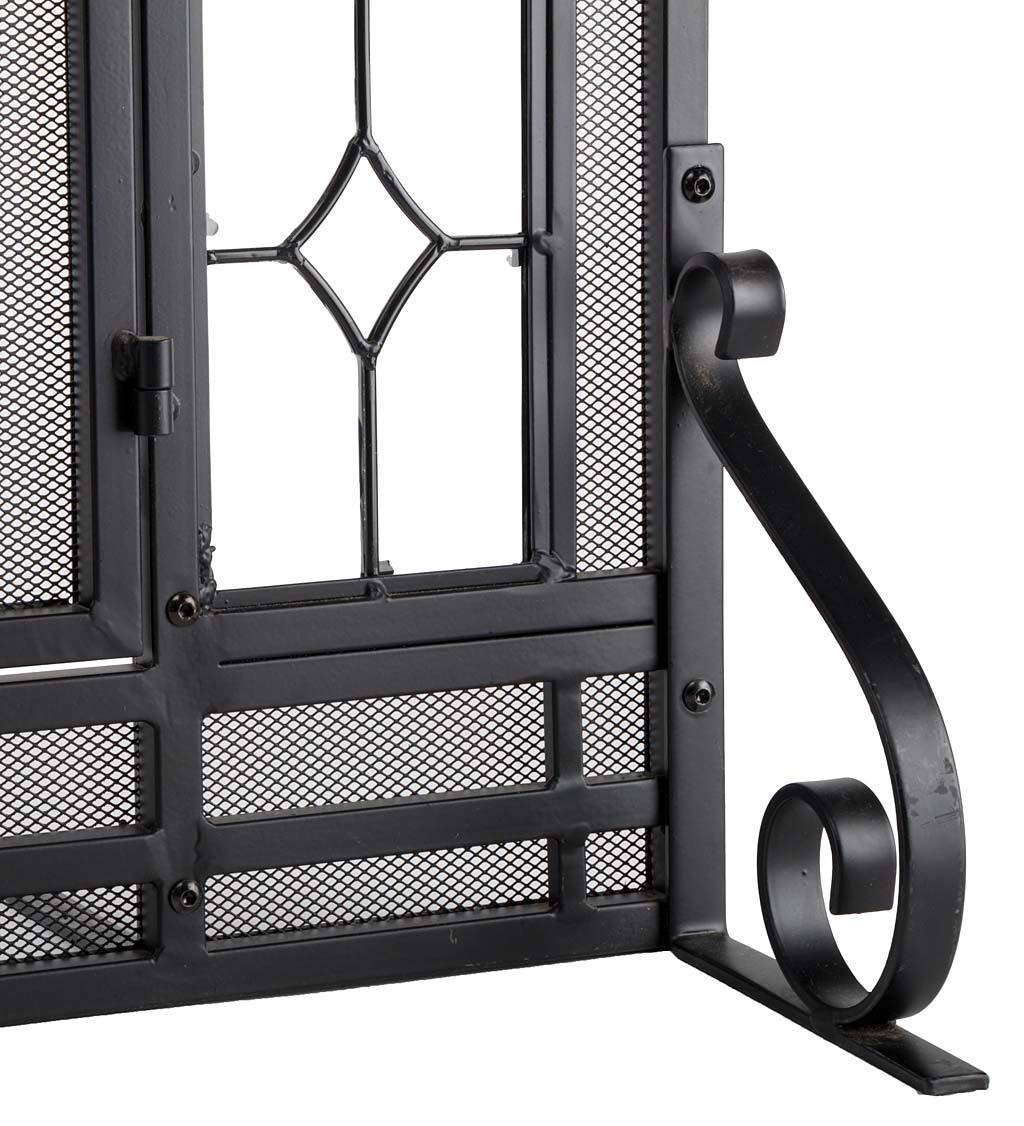 Plow & Hearth Metal Fireplace Screen Glass Floral Black | 44" W x 33" H | 2 - Door | Spark Guard Indoor Grate | Iron Fire Place Cover | Wood Burning Stove Decorative Accessories