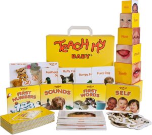 teach my -toys baby learning kit: screen free learning toy , 6 mos+ finger puppets, board books, stacking blocks to teach baby first words, numbers, self and sounds. teaching guides, storage case, multi