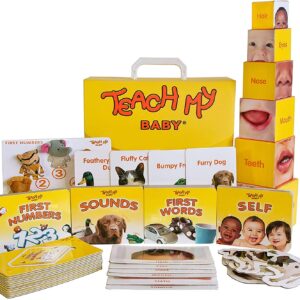 Teach My -Toys Baby Learning Kit: Screen Free Learning Toy , 6 Mos+ Finger Puppets, Board Books, Stacking Blocks To Teach Baby First Words, Numbers, Self and Sounds. Teaching Guides, Storage Case, Multi