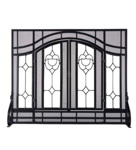 plow & hearth metal fireplace screen glass floral black | 44" w x 33" h | 2 - door | spark guard indoor grate | iron fire place cover | wood burning stove decorative accessories