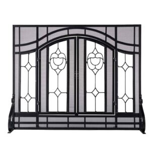 Plow & Hearth Metal Fireplace Screen Glass Floral Black | 44" W x 33" H | 2 - Door | Spark Guard Indoor Grate | Iron Fire Place Cover | Wood Burning Stove Decorative Accessories