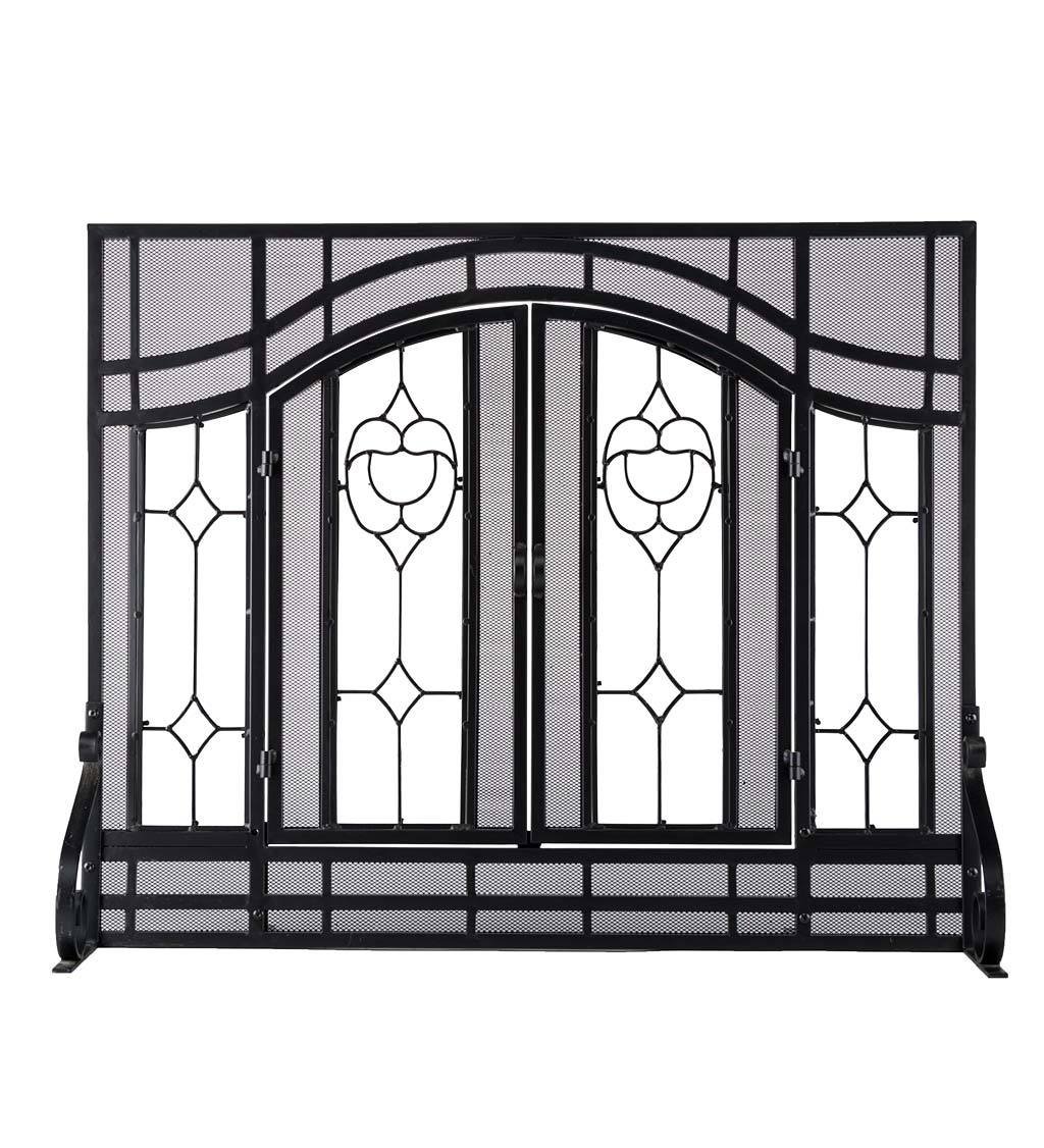 Plow & Hearth Metal Fireplace Screen Glass Floral Black | 44" W x 33" H | 2 - Door | Spark Guard Indoor Grate | Iron Fire Place Cover | Wood Burning Stove Decorative Accessories