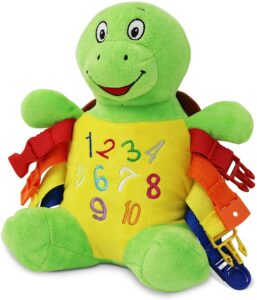 buckle toys - bucky turtle - toddler learning activity - develop motor skills and problem solving - counting and color recognition - sensory stuffed animal travel toy