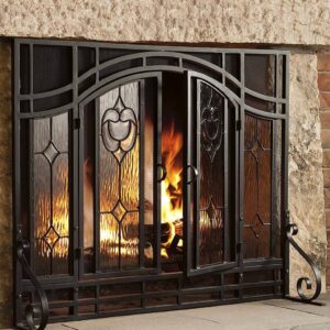 Plow & Hearth Metal Fireplace Screen Glass Floral Black | 44" W x 33" H | 2 - Door | Spark Guard Indoor Grate | Iron Fire Place Cover | Wood Burning Stove Decorative Accessories