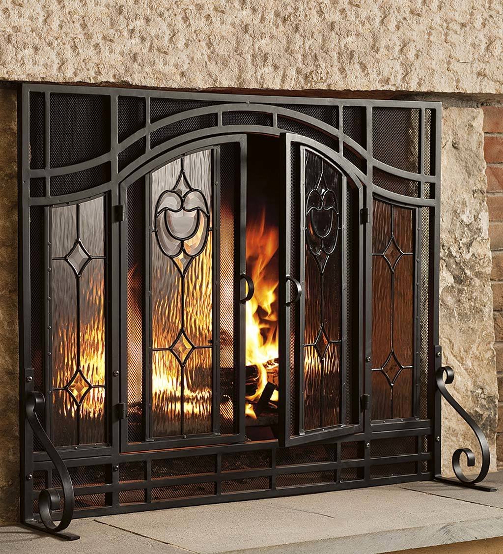 Plow & Hearth Metal Fireplace Screen Glass Floral Black | 44" W x 33" H | 2 - Door | Spark Guard Indoor Grate | Iron Fire Place Cover | Wood Burning Stove Decorative Accessories