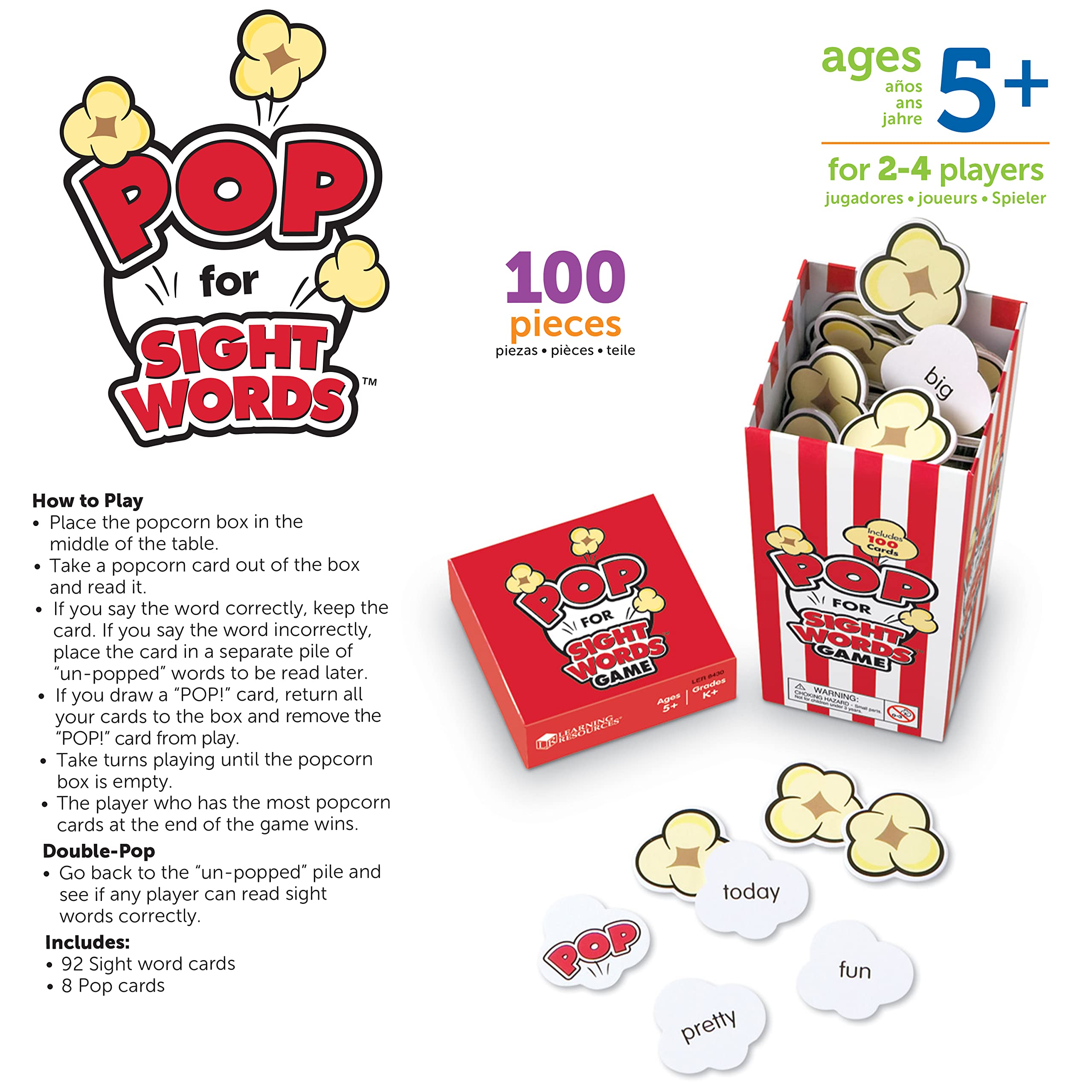 Learning Resources Pop For Sight Words Game,Vocabulary/Literacy Game, 92 Cards, Ages 5+