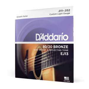 d'addario guitar strings - acoustic guitar strings - 80/20 bronze - for 6 string guitar - deep, bright, projecting tone - ej13 - custom light, 11-52(pack of 1)