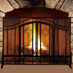 Plow & Hearth Metal Fireplace Screen Glass Floral Black | 44" W x 33" H | 2 - Door | Spark Guard Indoor Grate | Iron Fire Place Cover | Wood Burning Stove Decorative Accessories