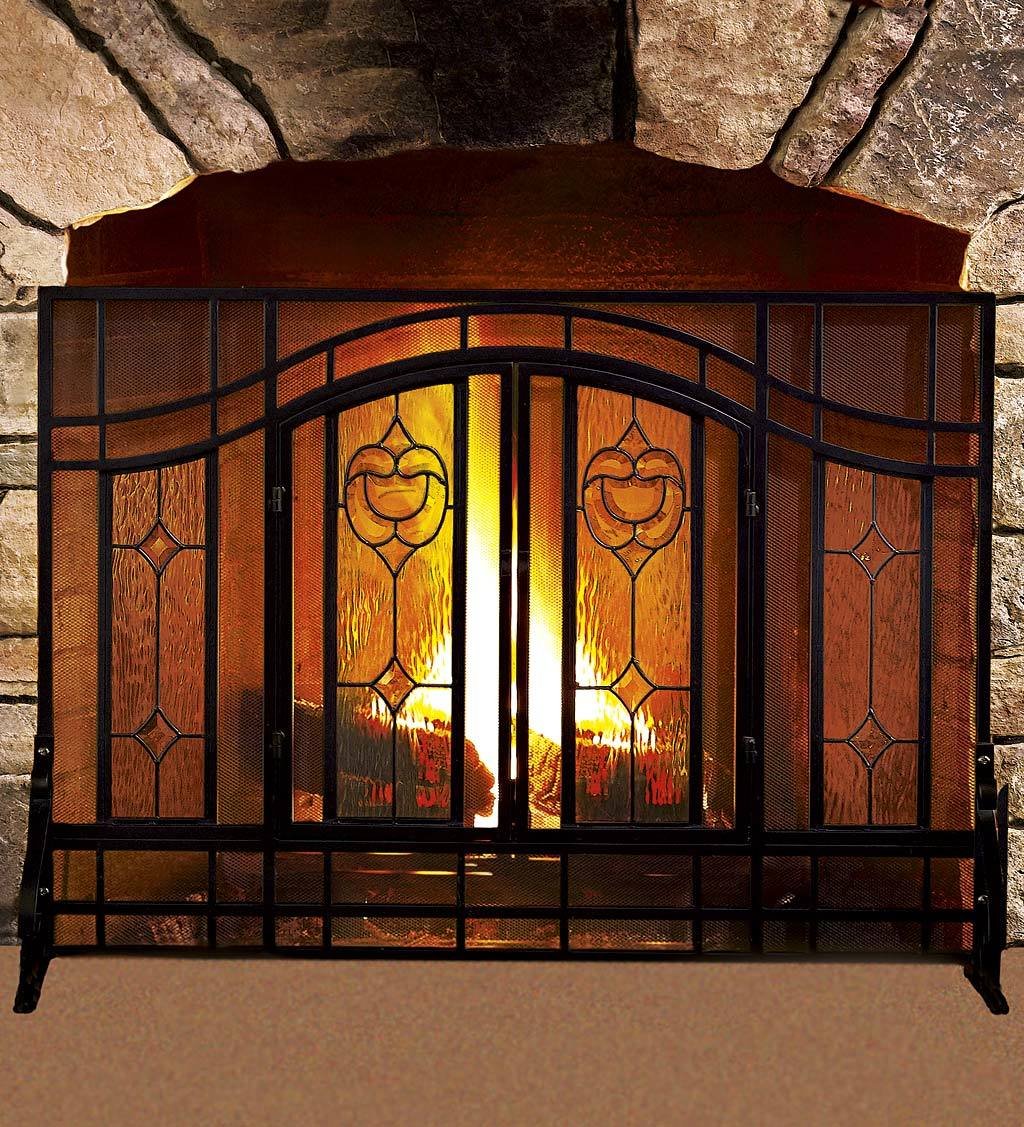 Plow & Hearth Metal Fireplace Screen Glass Floral Black | 44" W x 33" H | 2 - Door | Spark Guard Indoor Grate | Iron Fire Place Cover | Wood Burning Stove Decorative Accessories