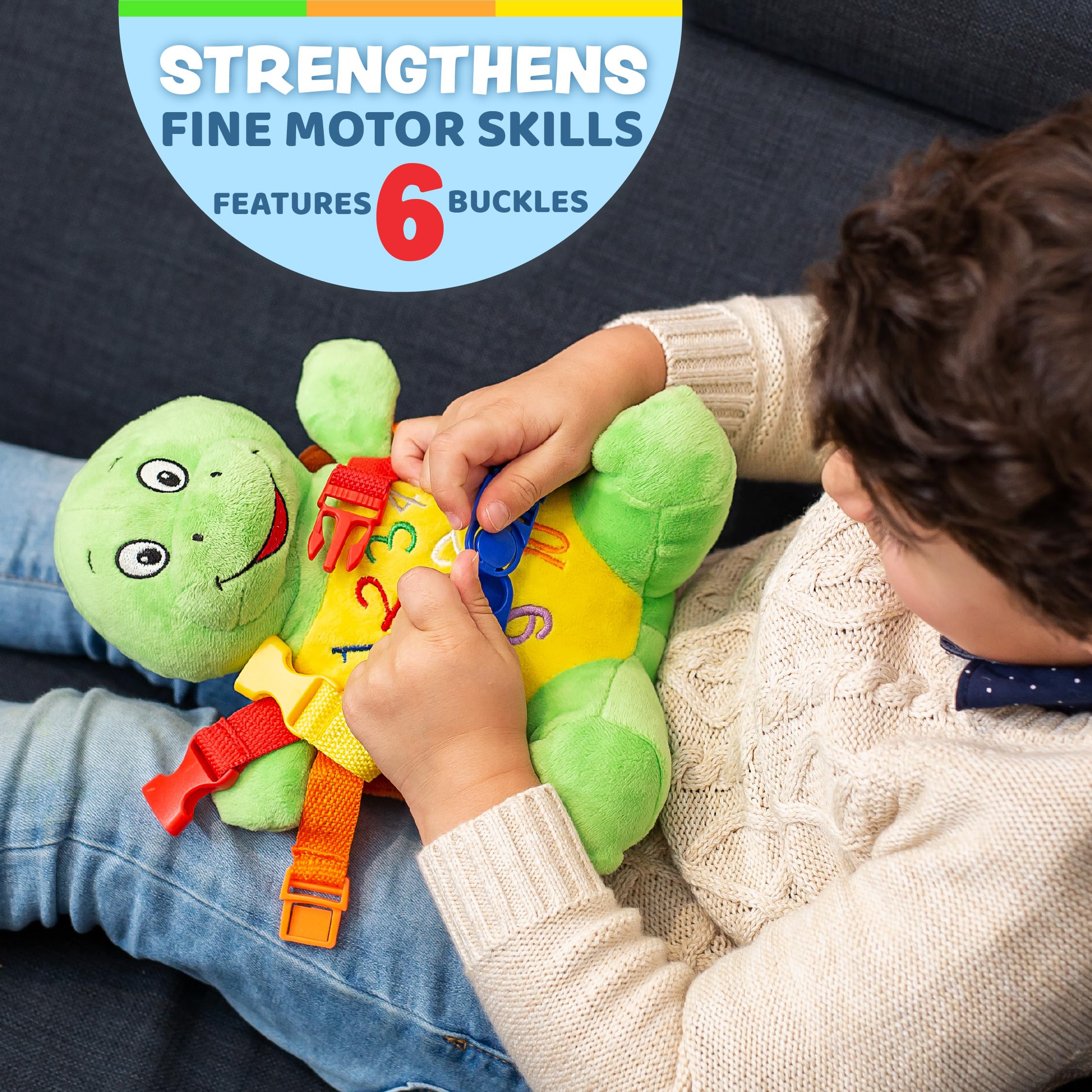 Buckle Toys - Bucky Turtle - Toddler Learning Activity - Develop Motor Skills and Problem Solving - Counting and Color Recognition - Sensory Stuffed Animal Travel Toy