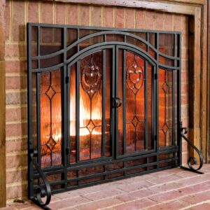 Plow & Hearth Metal Fireplace Screen Glass Floral Black | 44" W x 33" H | 2 - Door | Spark Guard Indoor Grate | Iron Fire Place Cover | Wood Burning Stove Decorative Accessories