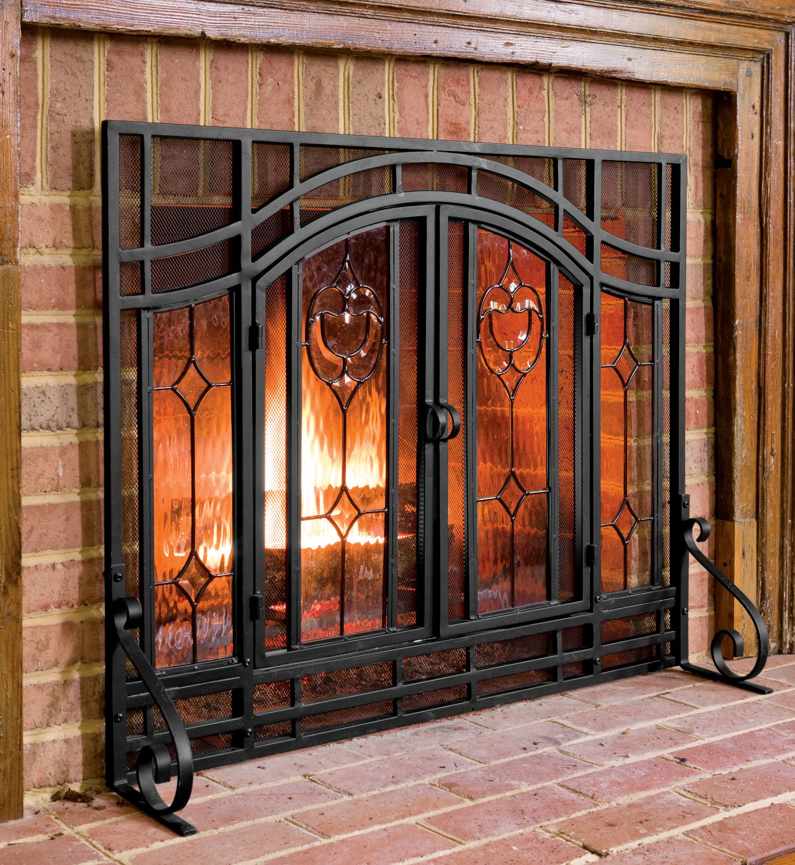 Plow & Hearth Metal Fireplace Screen Glass Floral Black | 44" W x 33" H | 2 - Door | Spark Guard Indoor Grate | Iron Fire Place Cover | Wood Burning Stove Decorative Accessories