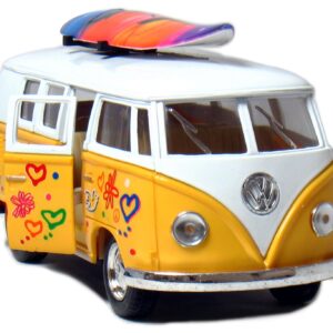 Set of 4 Vehicles: 5" 1962 VW Classic Van Flowers with Surfboard (Red, Green, Maroon and Yellow)