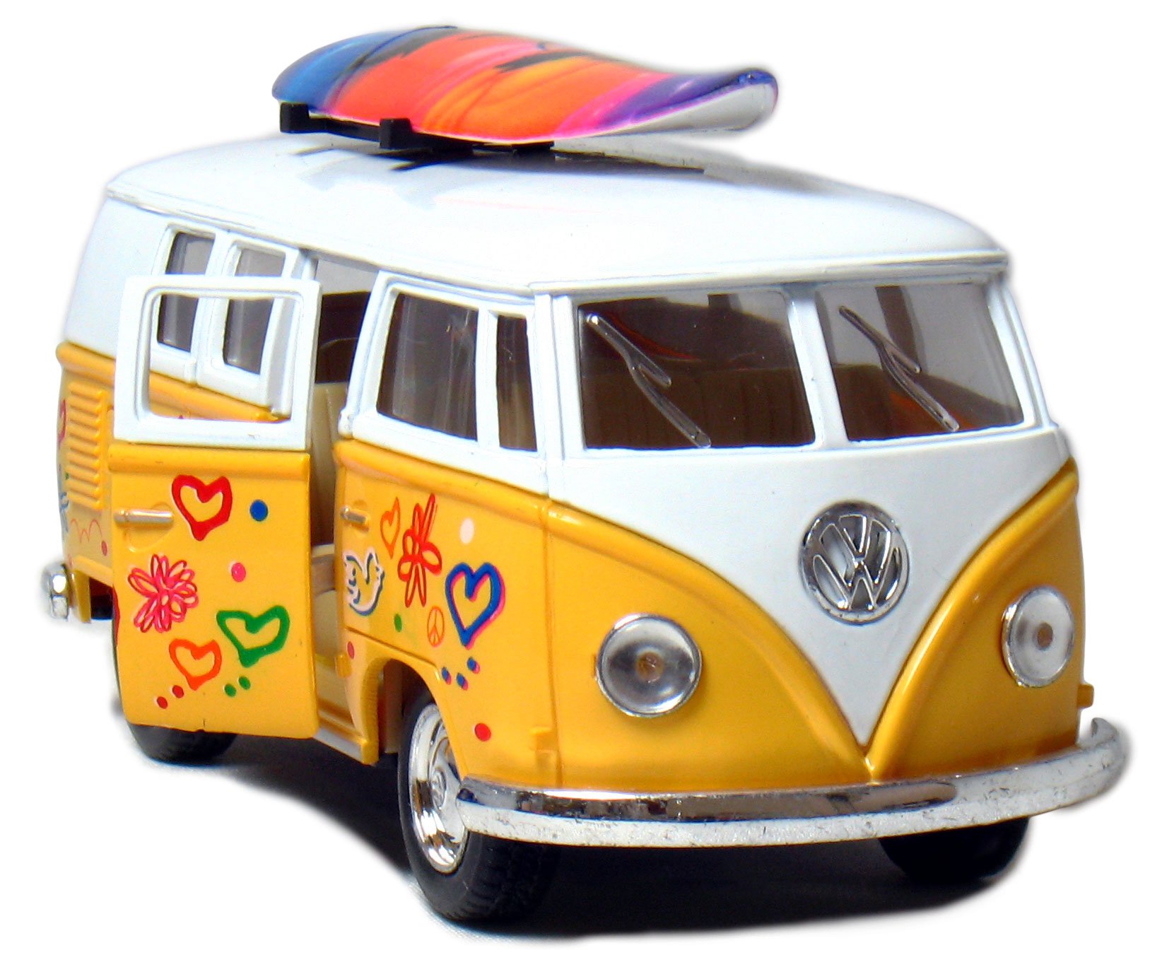 Set of 4 Vehicles: 5" 1962 VW Classic Van Flowers with Surfboard (Red, Green, Maroon and Yellow)