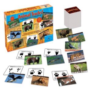 the young scientists club animal tracks game, at-home stem kits for kids age 5 and up, animal games for young scientists, kids party games and activities , yellow