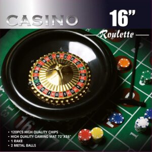 da vinci 16-inch roulette wheel game set with 120 11.5-gram chips, full size 3'x6' felt layout, and rake