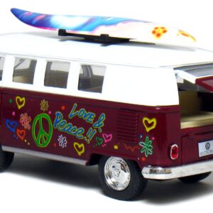 Set of 4 Vehicles: 5" 1962 VW Classic Van Flowers with Surfboard (Red, Green, Maroon and Yellow)