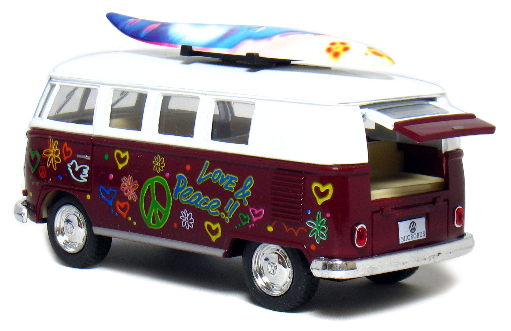 Set of 4 Vehicles: 5" 1962 VW Classic Van Flowers with Surfboard (Red, Green, Maroon and Yellow)