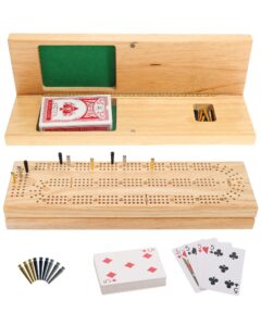 we games wooden cribbage board game set, continuous 3 track for 2-3 players, travel cribbage board with card storage, includes 9 metal pegs & deck of cards, card games, classic board games for adults