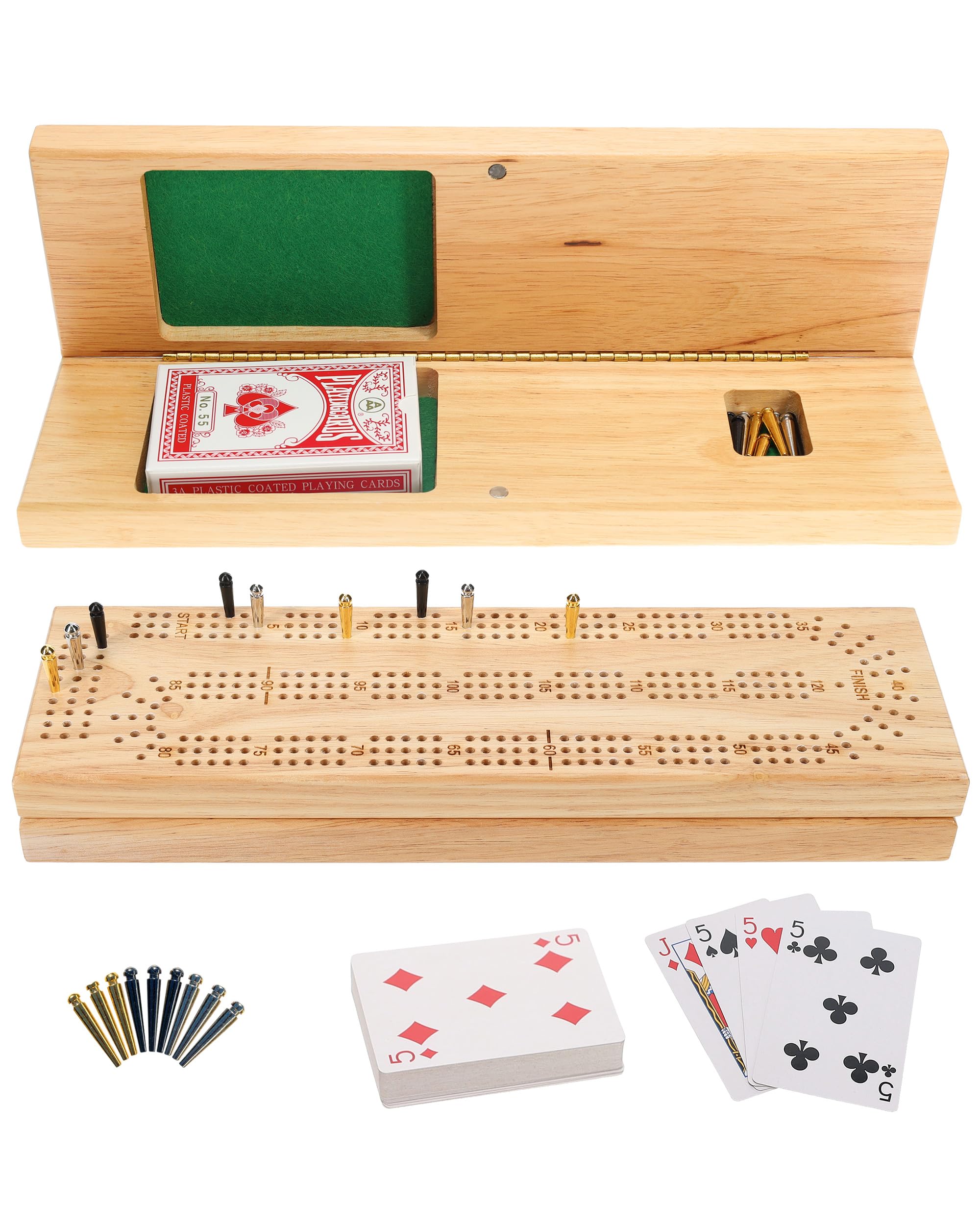 WE Games Wooden Cribbage Board Game Set, Continuous 3 Track for 2-3 Players, Travel Cribbage Board with Card Storage, Includes 9 Metal Pegs & Deck of Cards, Card Games, Classic Board Games for Adults