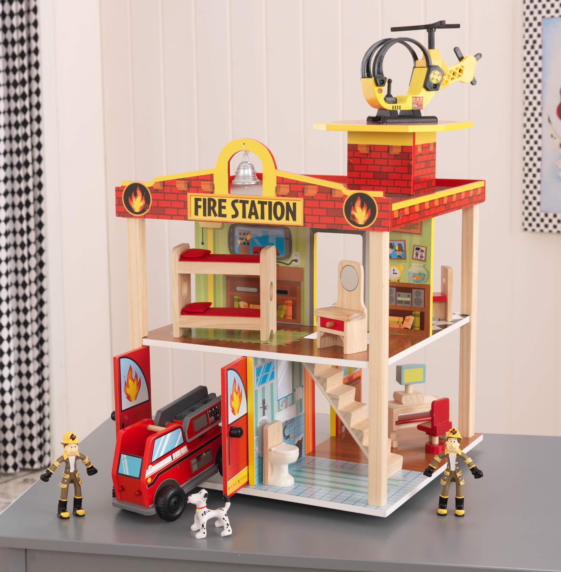 KidKraft Wooden Fire Station Set for 360 Degree Play - Wooden Construction, Working Garage Doors, Bendable Figures, Young Children Toy, Comes with Instructions, Scree Free Toy, Gift for Ages 3+