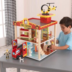 KidKraft Wooden Fire Station Set for 360 Degree Play - Wooden Construction, Working Garage Doors, Bendable Figures, Young Children Toy, Comes with Instructions, Scree Free Toy, Gift for Ages 3+