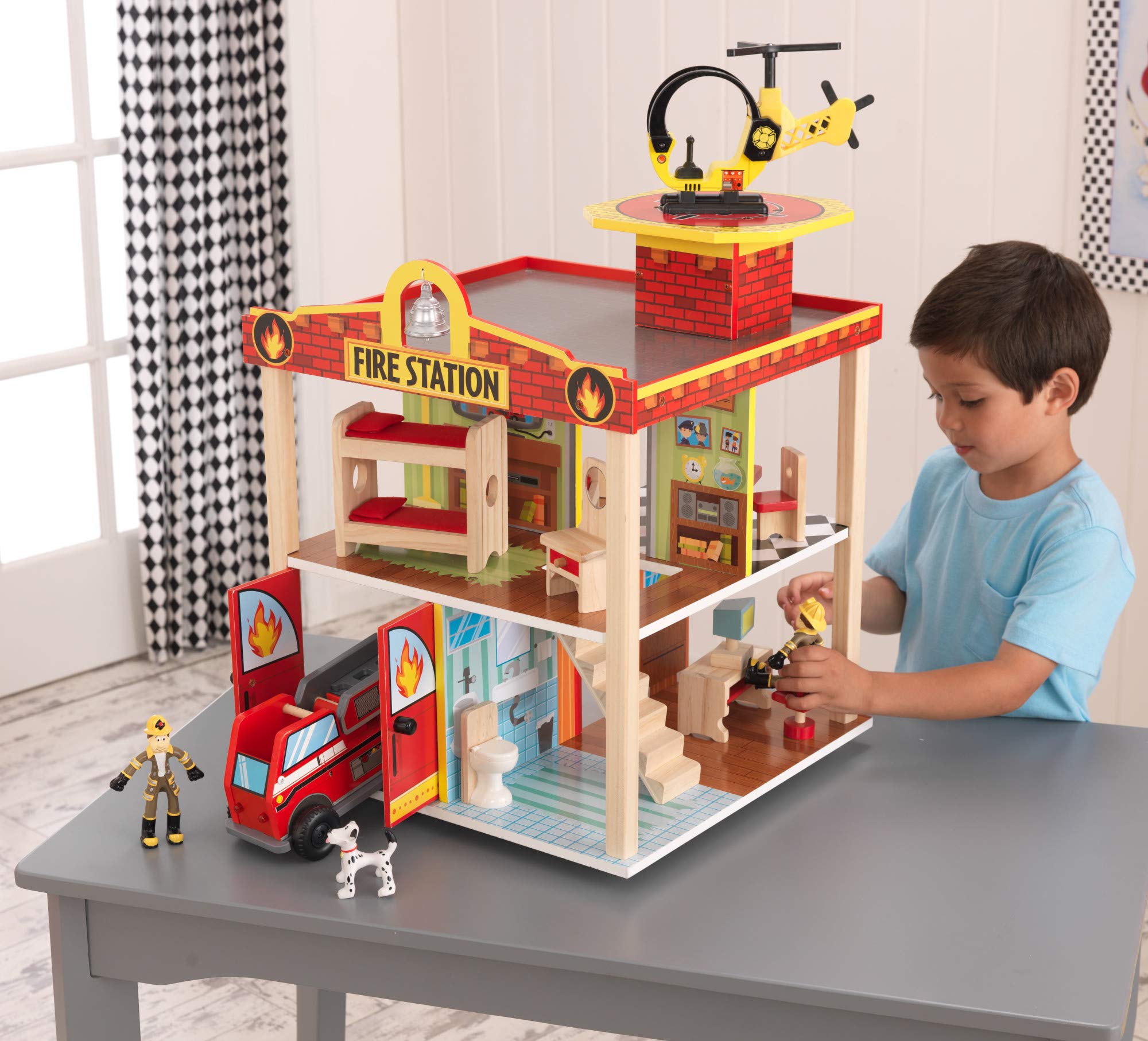 KidKraft Wooden Fire Station Set for 360 Degree Play - Wooden Construction, Working Garage Doors, Bendable Figures, Young Children Toy, Comes with Instructions, Scree Free Toy, Gift for Ages 3+