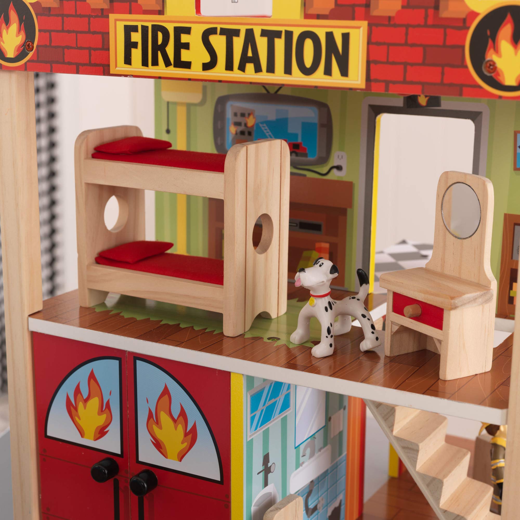 KidKraft Wooden Fire Station Set for 360 Degree Play - Wooden Construction, Working Garage Doors, Bendable Figures, Young Children Toy, Comes with Instructions, Scree Free Toy, Gift for Ages 3+