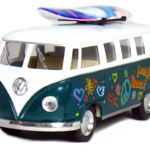 Set of 4 Vehicles: 5" 1962 VW Classic Van Flowers with Surfboard (Red, Green, Maroon and Yellow)