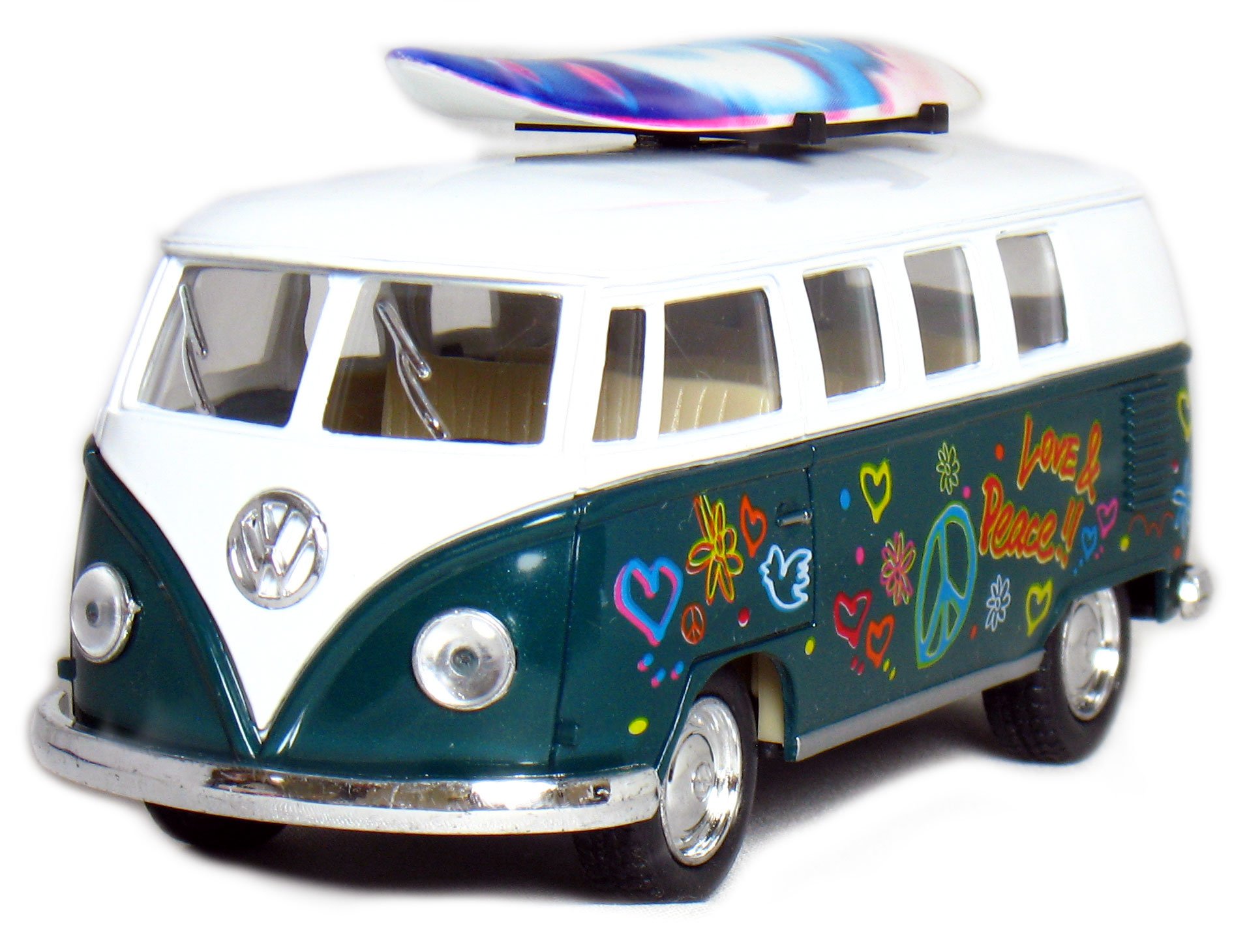 Set of 4 Vehicles: 5" 1962 VW Classic Van Flowers with Surfboard (Red, Green, Maroon and Yellow)