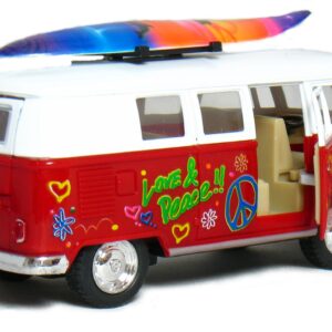 Set of 4 Vehicles: 5" 1962 VW Classic Van Flowers with Surfboard (Red, Green, Maroon and Yellow)