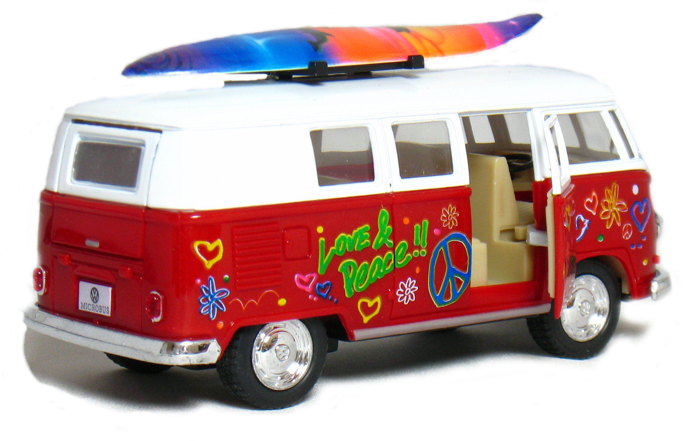 Set of 4 Vehicles: 5" 1962 VW Classic Van Flowers with Surfboard (Red, Green, Maroon and Yellow)