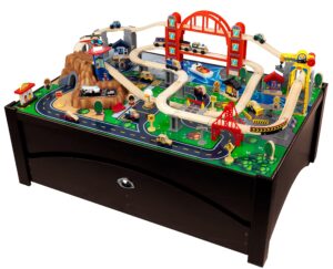 kidkraft metropolis wooden train set & table with 100 pieces and storage drawer - espresso