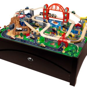 KidKraft Metropolis Wooden Train Set & Table with 100 Pieces and Storage Drawer - Espresso