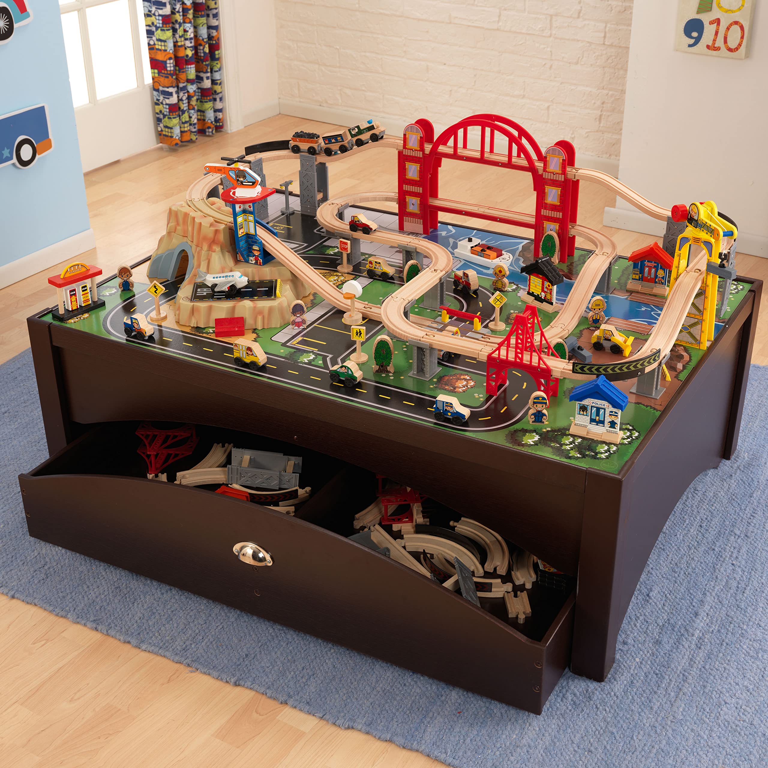 KidKraft Metropolis Wooden Train Set & Table with 100 Pieces and Storage Drawer - Espresso