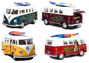 set of 4 vehicles: 5" 1962 vw classic van flowers with surfboard (red, green, maroon and yellow)