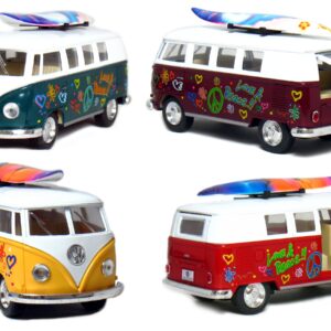 Set of 4 Vehicles: 5" 1962 VW Classic Van Flowers with Surfboard (Red, Green, Maroon and Yellow)