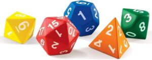 learning resources jumbo foam polyhedral dice, 5 dice, 4, 8, 10, 20 sides, ages 5+ multicolor, 3 w in