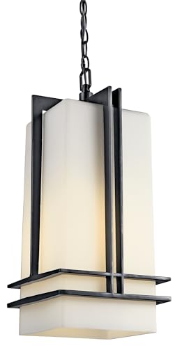 Kichler Tremillo 17" Outdoor Pendant Hanging Light in Black, Exterior Porch Light with Satin Etched Cased Opal Glass, (17" H x 6.5" W), 49205BK