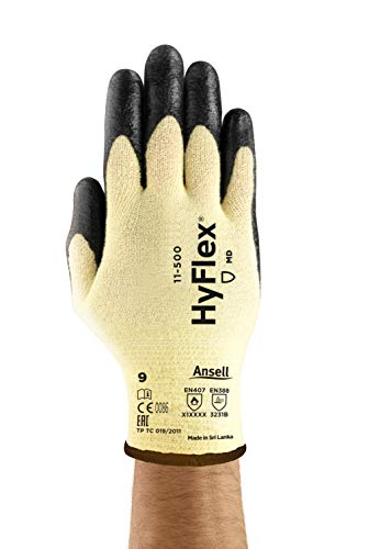 Ansell HyFlex 11-500 Kevlar Glove, Cut Resistant, Black Foam Nitrile Coating, Knit Wrist Cuff, Large, Size 9 (Pack of 12)