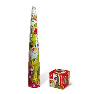 Janod Magic Tree Round Stacking Pyramid Toy – Nested Cube Set in Carrying Case – 10 Blocks Stack to Almost 3' Tall to Create A Magical Beanstalk – Great for Learning Tocount Numbers – Ages 1+