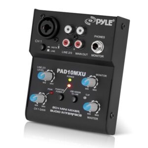 pyle 2-channel audio mixer - dj sound controller interface with usb soundcard for pc recording, xlr and 3.5mm microphone jack, 18v power, rca input and output for professional and beginners - pad10mxu