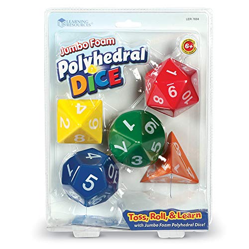 Learning Resources Jumbo Foam Polyhedral Dice, 5 Dice, 4, 8, 10, 20 Sides, Ages 5+ Multicolor, 3 W in