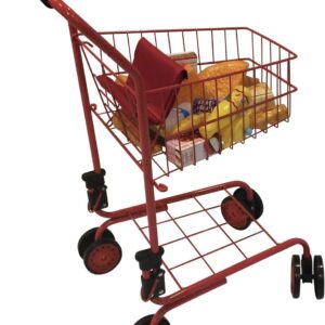 The New York Doll Collection Toy Shopping Cart for Kids and Toddler - Includes Food - Folds for Easy Storage - with Sturdy Metal Frame (Red)