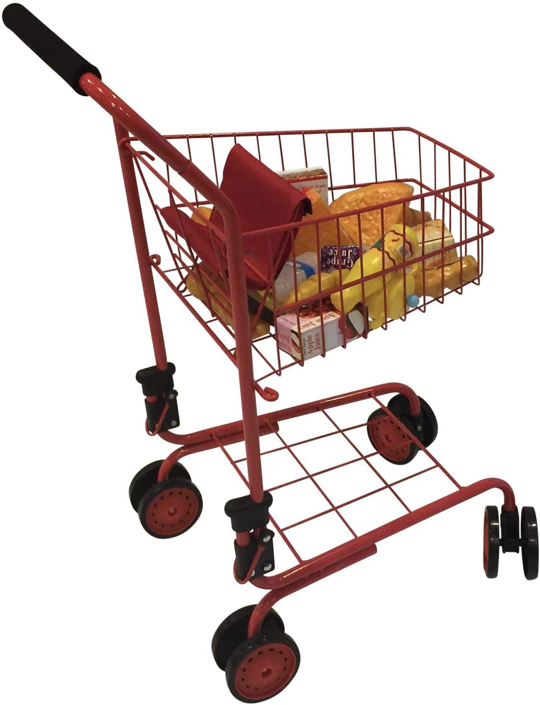 The New York Doll Collection Toy Shopping Cart for Kids and Toddler - Includes Food - Folds for Easy Storage - with Sturdy Metal Frame (Red)