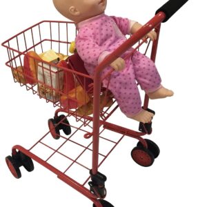 The New York Doll Collection Toy Shopping Cart for Kids and Toddler - Includes Food - Folds for Easy Storage - with Sturdy Metal Frame (Red)