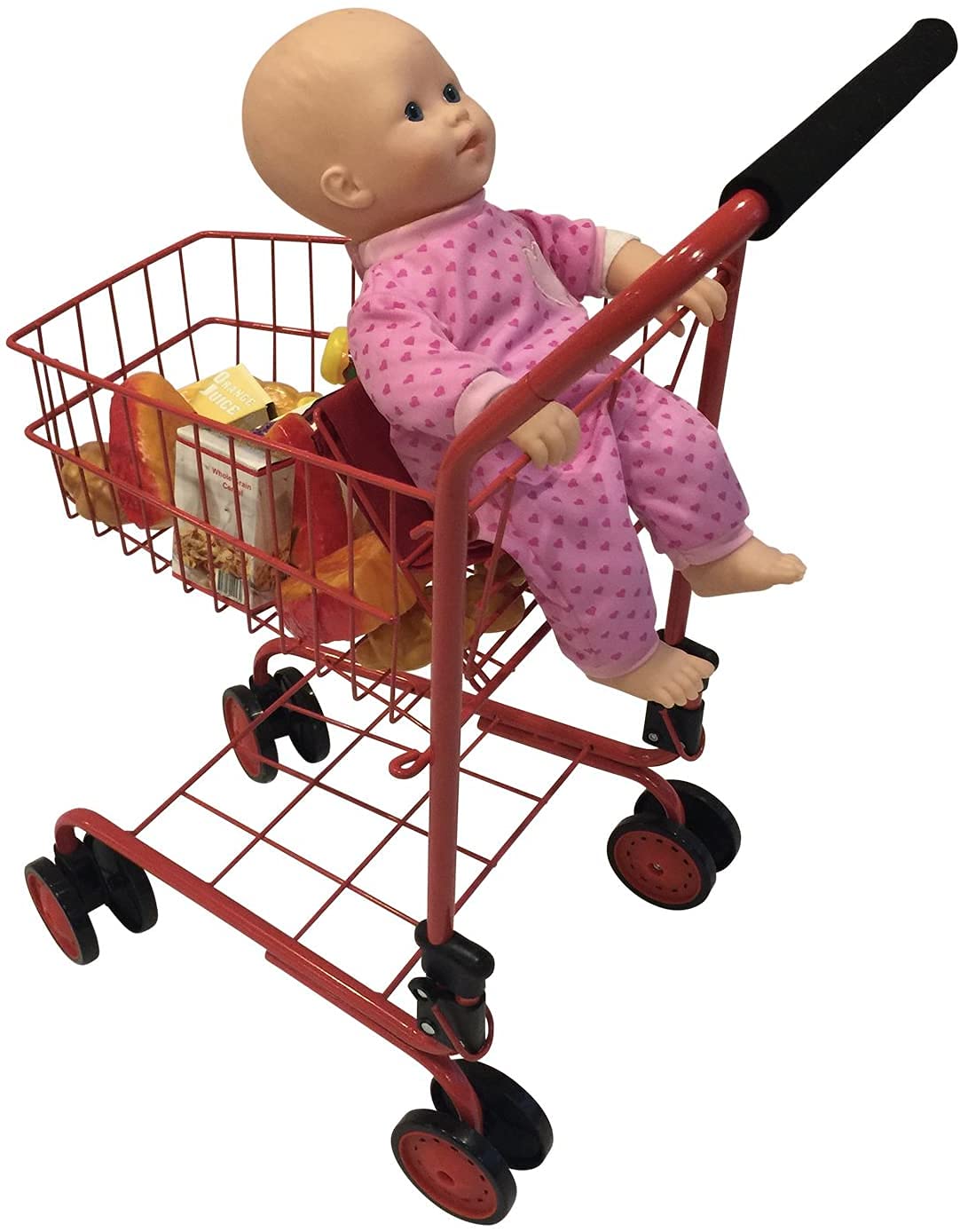 The New York Doll Collection Toy Shopping Cart for Kids and Toddler - Includes Food - Folds for Easy Storage - with Sturdy Metal Frame (Red)